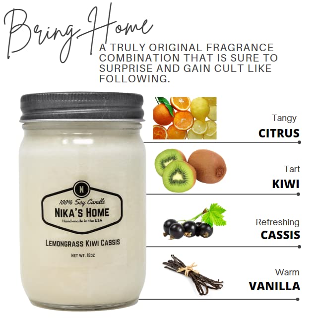 Nika's Home Lemongrass Kiwi Cassis Soy Candle 12oz Mason Jar Non-Toxic White Soy Candle-Hand Poured Handmade, Long Burning 50-60 Hours Highly Scented All Natural, Clean Burning Gift Décor