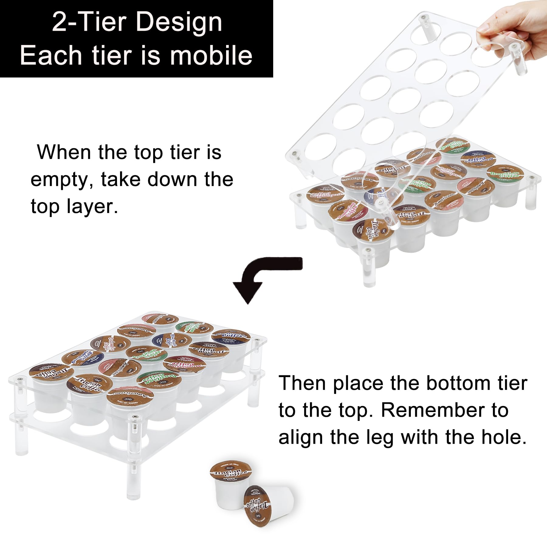 Baoswi 30 Coffee Pod Holder Acrylic, 2 Tiers Design, Clear K Cup Holder, Coffee Pod Organizer for Countertop, K Cup Drawer Organizer, Suitable for Most Coffee Capsules, 30 Pod Capacity
