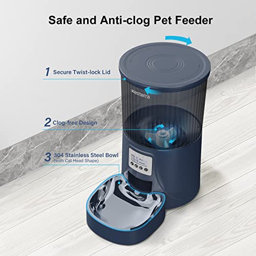KESTERRA Automatic Cat Feeder, 4L Auto Dry Food Dispenser Small Dog Pet Feeder with 4 Meals Per Day Programmable Timed, 10s Voice Recorder, Twist Lock Lid, Stainless Steel Bowl, Dual Power Supply Blue