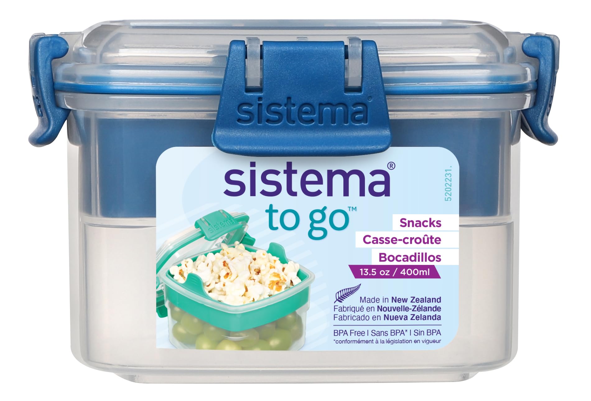 Sistema To Go Collection, 13.5 oz./0.4 L, Portable Snack Container with Separate Compartments, Flexible Seal & Easy-Lock Clips, BPA & Phthalate Free, Color May Vary