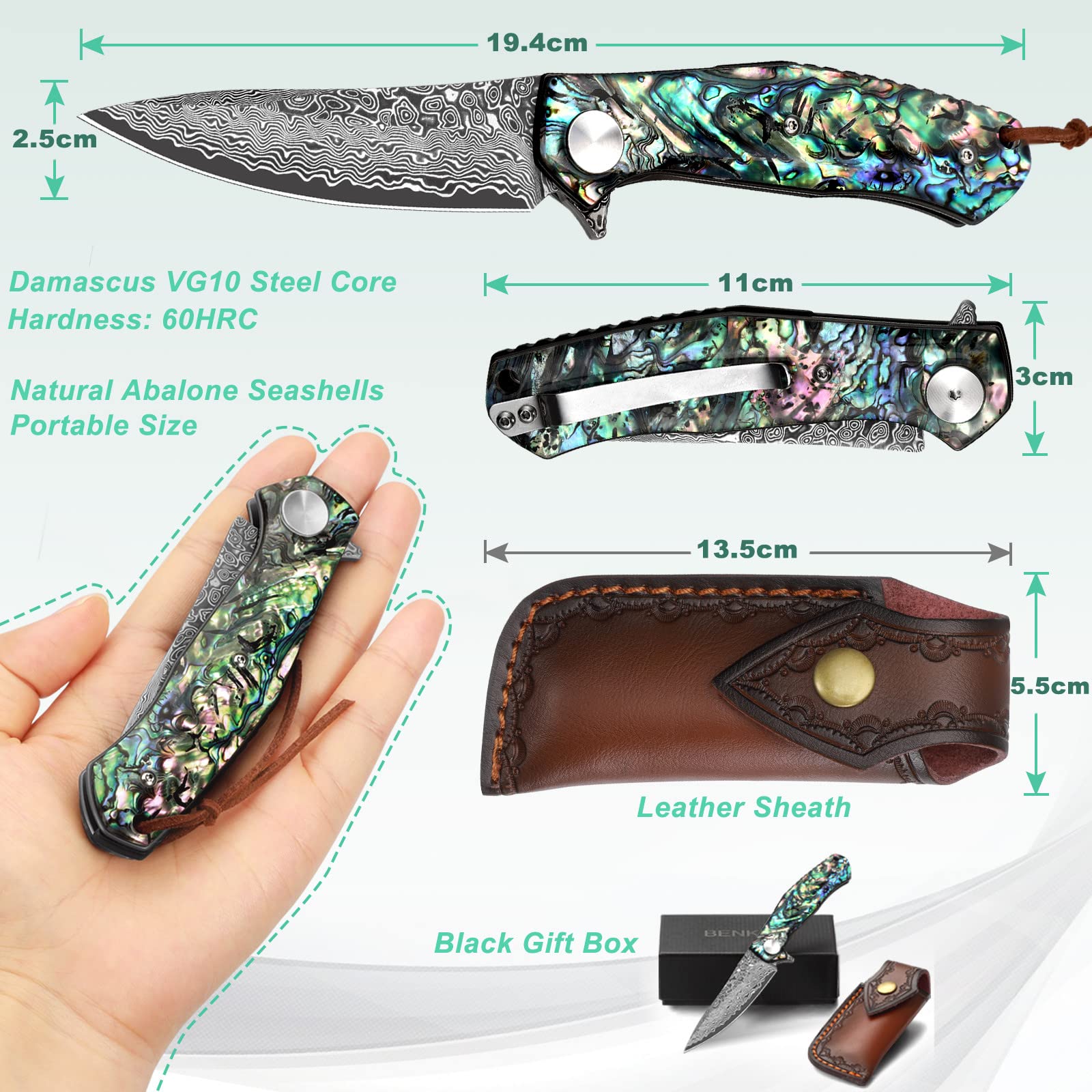 Benkey VG10 Damascus Abalone Seashells Pocket Knife 3 Pack and VG10 Damascus Natural Wood Pocket Knife Bundles