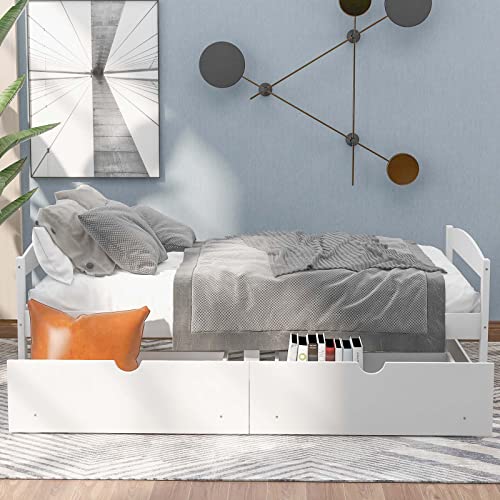 Heliosphere Twin Size Solid Wood Daybed with 2 Storage Drawers, Due Use Sofa Bed with Sturdy Wooden Slat Support, No Box Spring Needed for Boys Girls Teens Adults Guest, Easy Assemble (White)
