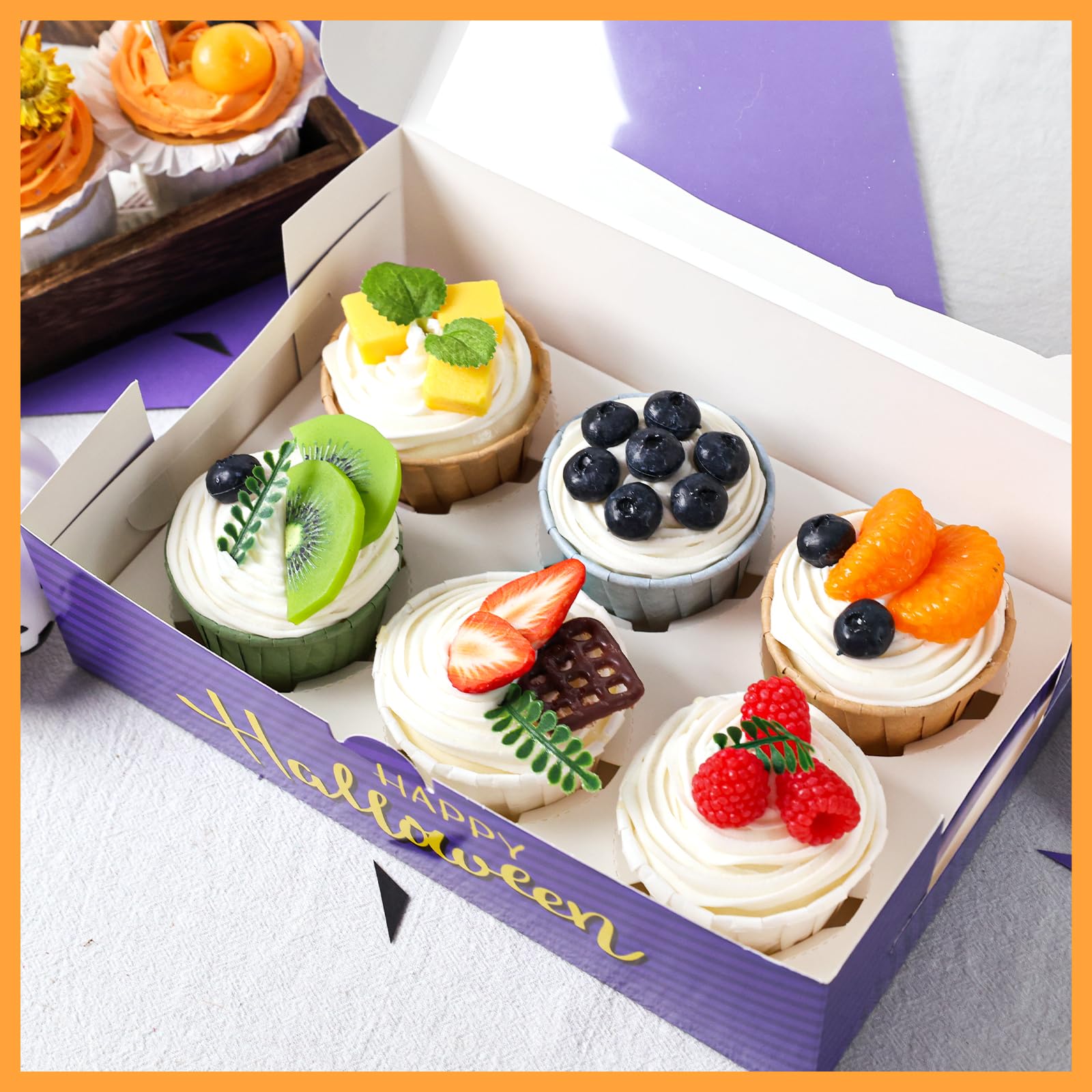 HONEYGIFTS 6 Count Cupcake Boxes, 6PCS Halloween Cupcake Boxes Cupcake Containers with Window Cupcake Holders Bakery Boxes for Holiday Party Supplies, 9.5 x 6.3 x 3 inches Purple