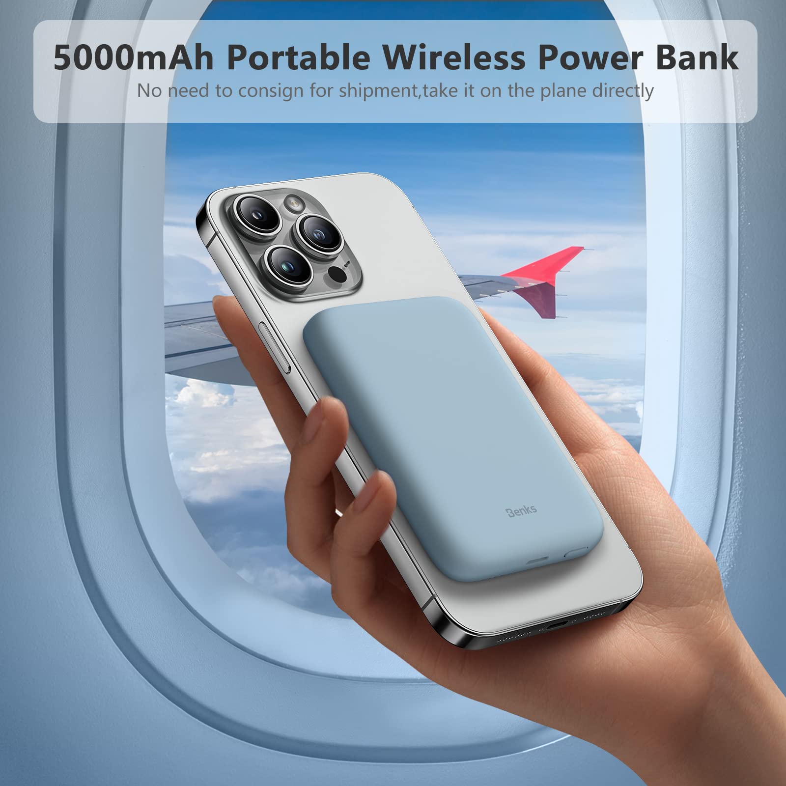 BENKS Magnetic Wireless Power Bank Compatible with Magsafe, 5000 mAh Wireless Portable Charger for iPhone 14, iPhone 13, iPhone 12 Series, Ultra-Thin Mag-Safe Battery Pack with USB-C Cable, Black