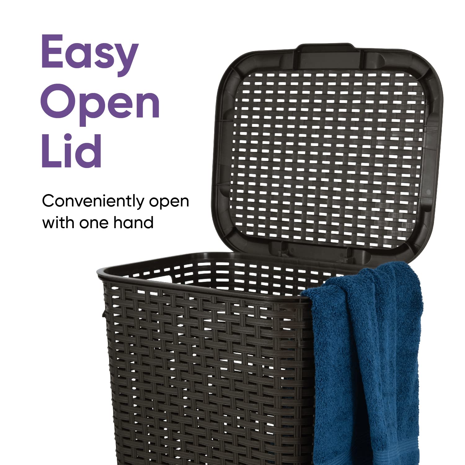 Plastic Laundry Hamper with Lid Laundry Hamper Basket, Brown Tall Cloths Hamper Organizer with Cut-out Handles. Space Saving for Laundry Room Bedroom Bathroom, Wicker Design 60 Liter