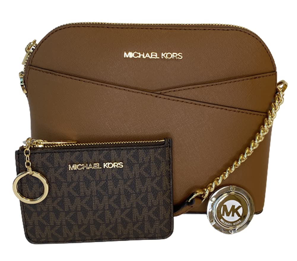 Michael Kors MICHAEL Michael Kors Jet Set Travel MD Dome XCross Crossbody bundled with SM TZ Coinpouch Purse Hook (Luggage/Signature MK Brown)
