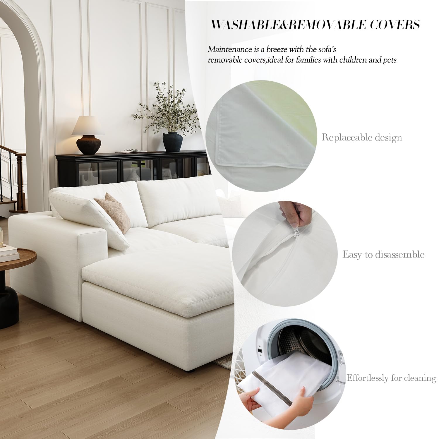 Cloud Modular Sectional Sofa with Storage Ottoman, 120" Down Filled Comfort L Shaped Couch Modular Sectional Couch, Modern Deep Sofa Couches for Living Room Office Apartment (3 Seater+1 Ottoman,White)