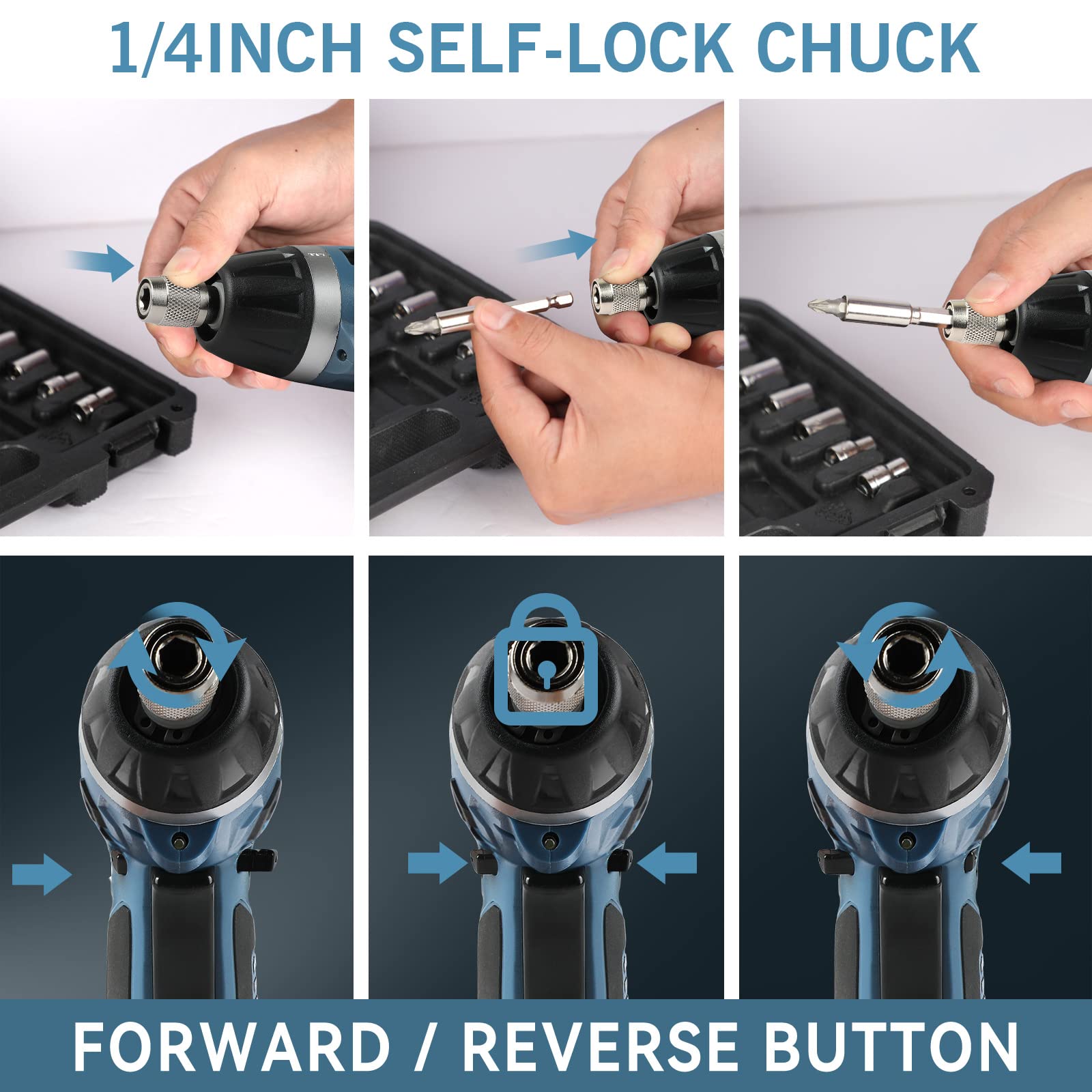 C P CHANTPOWER Cordless Electric Screwdriver Set,6+1 Torque Gears,1/4'' Hex Self-Lock Chuck, 4V Rechargeable lightweight Screwdriver with 44pcs Accessories Flashlight Charger and Carrying Case Blue