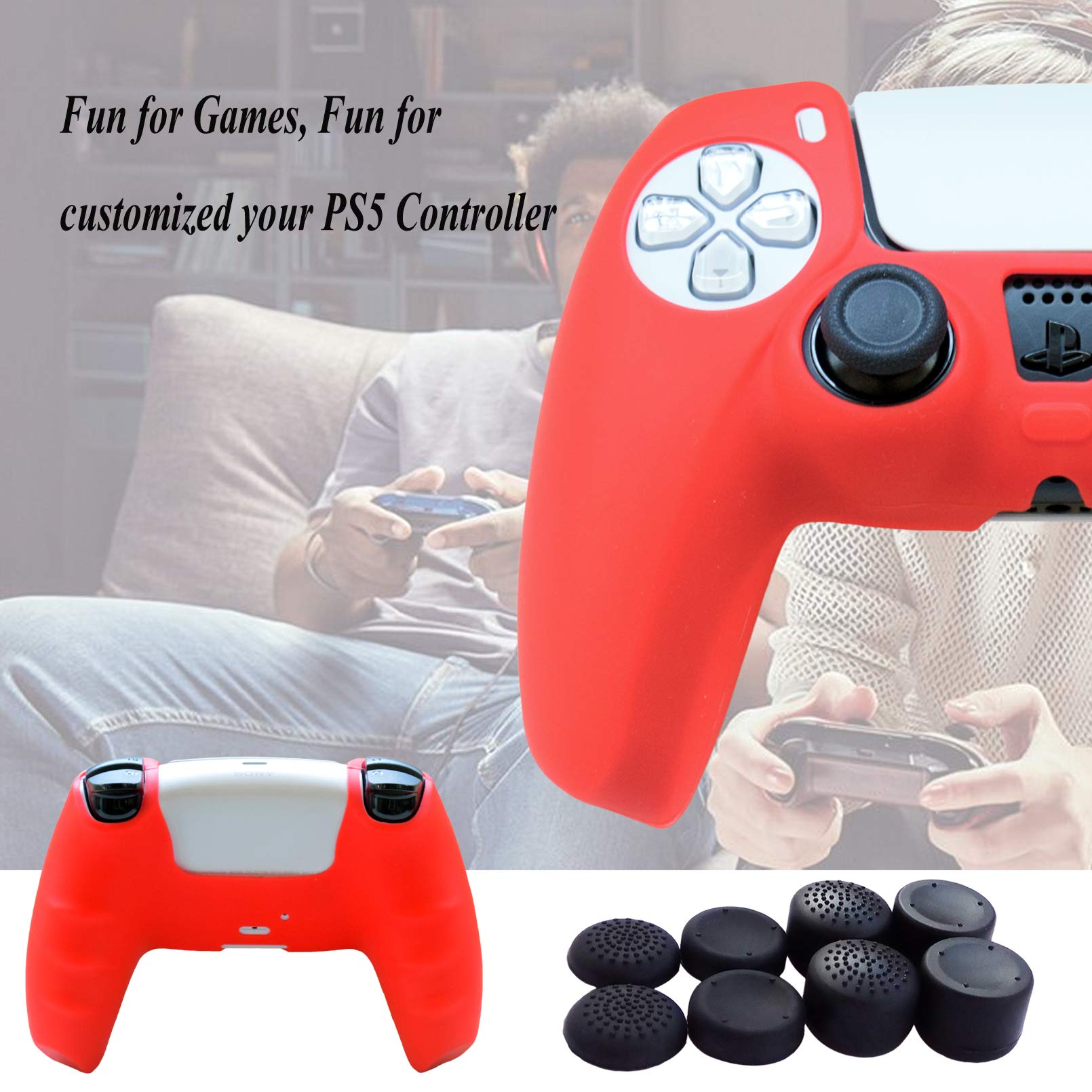 PS5 Controller Skin,Hikfly Silicone Cover for PS5 Grips Playstation 5 Controller Cover Protector Sleeve Kits Video Games with FPS Pro Thumb Grips Caps(Red)