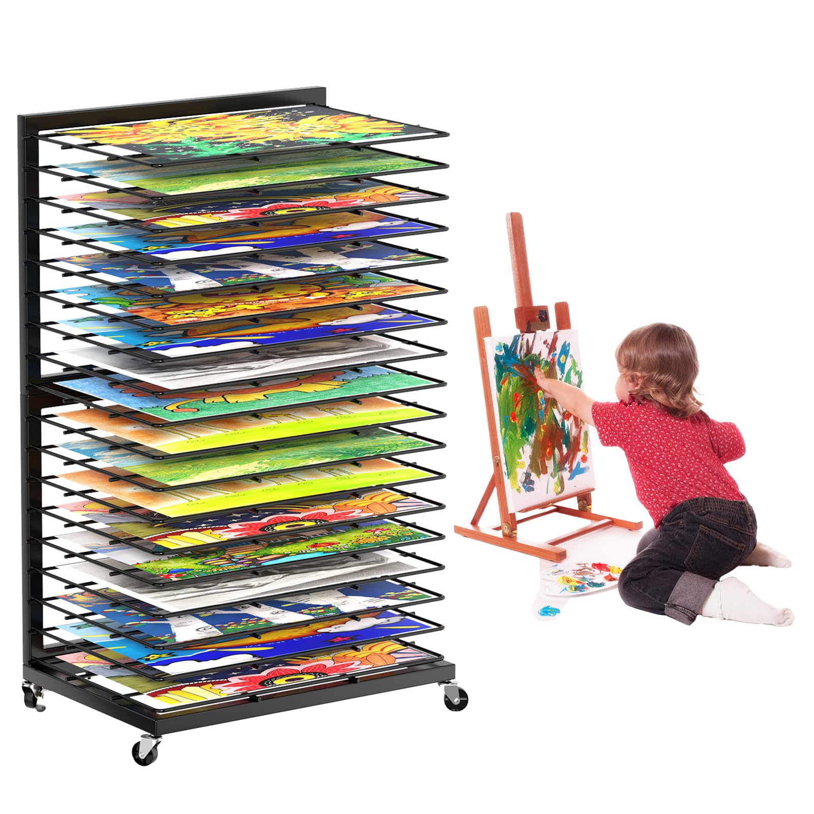 Blasinc Art Drying Rack, 18 Removable Shelves, Mobile Painting Drying Rack with Wheels, Canvas Rack for Classroom, Art Storage