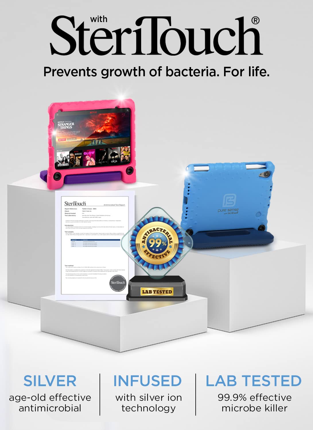 Pure Sense Buddy Antimicrobial Kids Case for iPad Pro 12.9-1st 2nd Gen 2015 2017 | Full Kit: Rugged Case Stand, Handle, Screen Protector, Strap and Spray