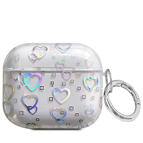 J.west Compatible with AirPods 3 Case Clear Laser Glitter Heart Pattern Fashion Flexible Soft Durable Slim Shockproof AirPods Case with Keychain for AirPods 3rd Generation for Women Girls