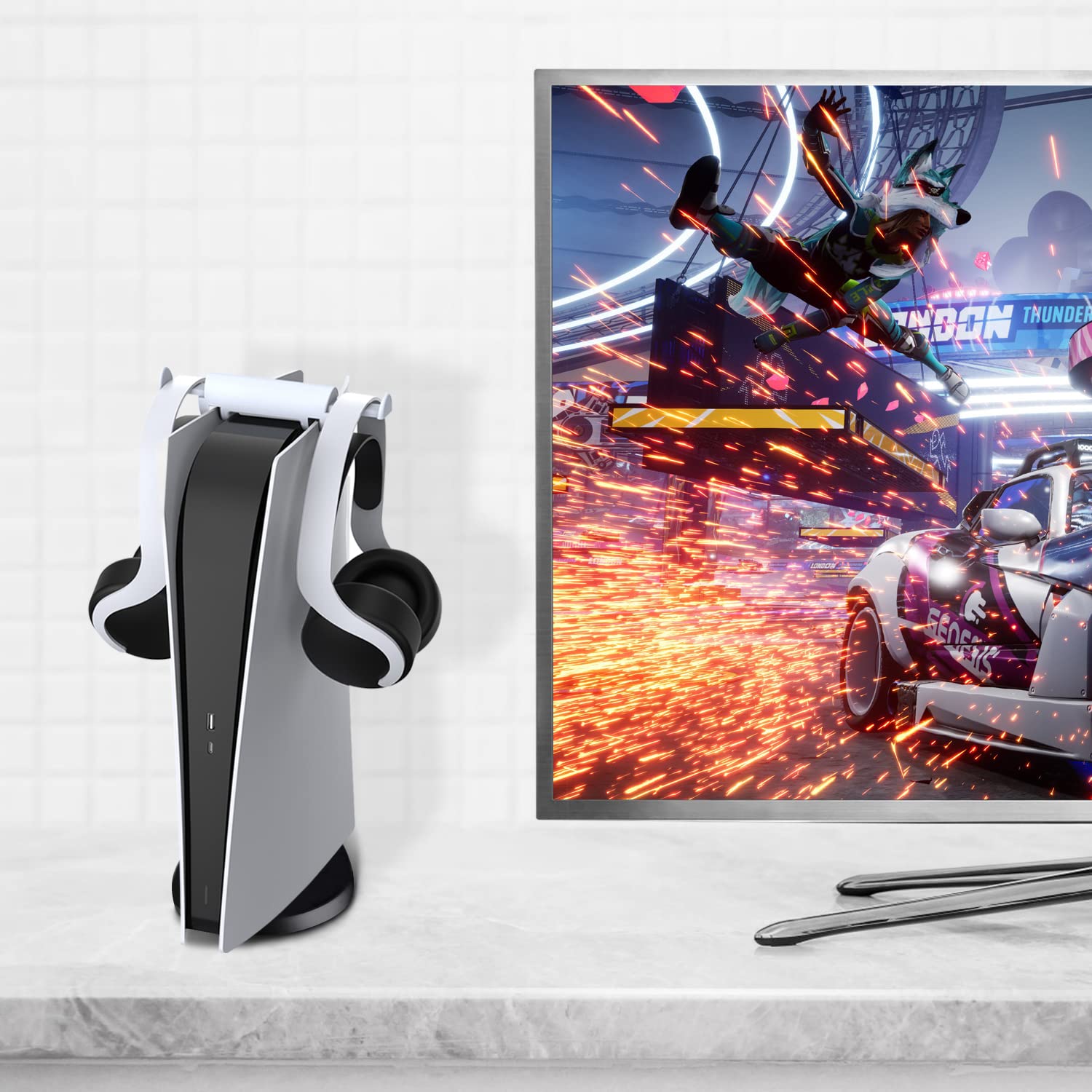Grehge set holder, PS5 headset stand, PS5 Headphone Hook, Retractable Gaming Headsets Hanger for Sony Playstation 5, No screws, No tape, White
