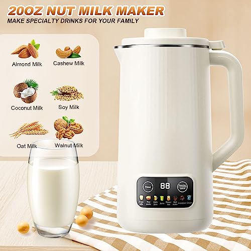 Nut Milk Maker Machine,20 Oz Automatic Cleaning Soy Milk maker with 8 Modes and 10 Leaf Blades,Homemade Almond, Oat, Soy, Etc Grain, Almond Milk Maker Machine with Delay Start Free Filtering and Keep Warm (White)