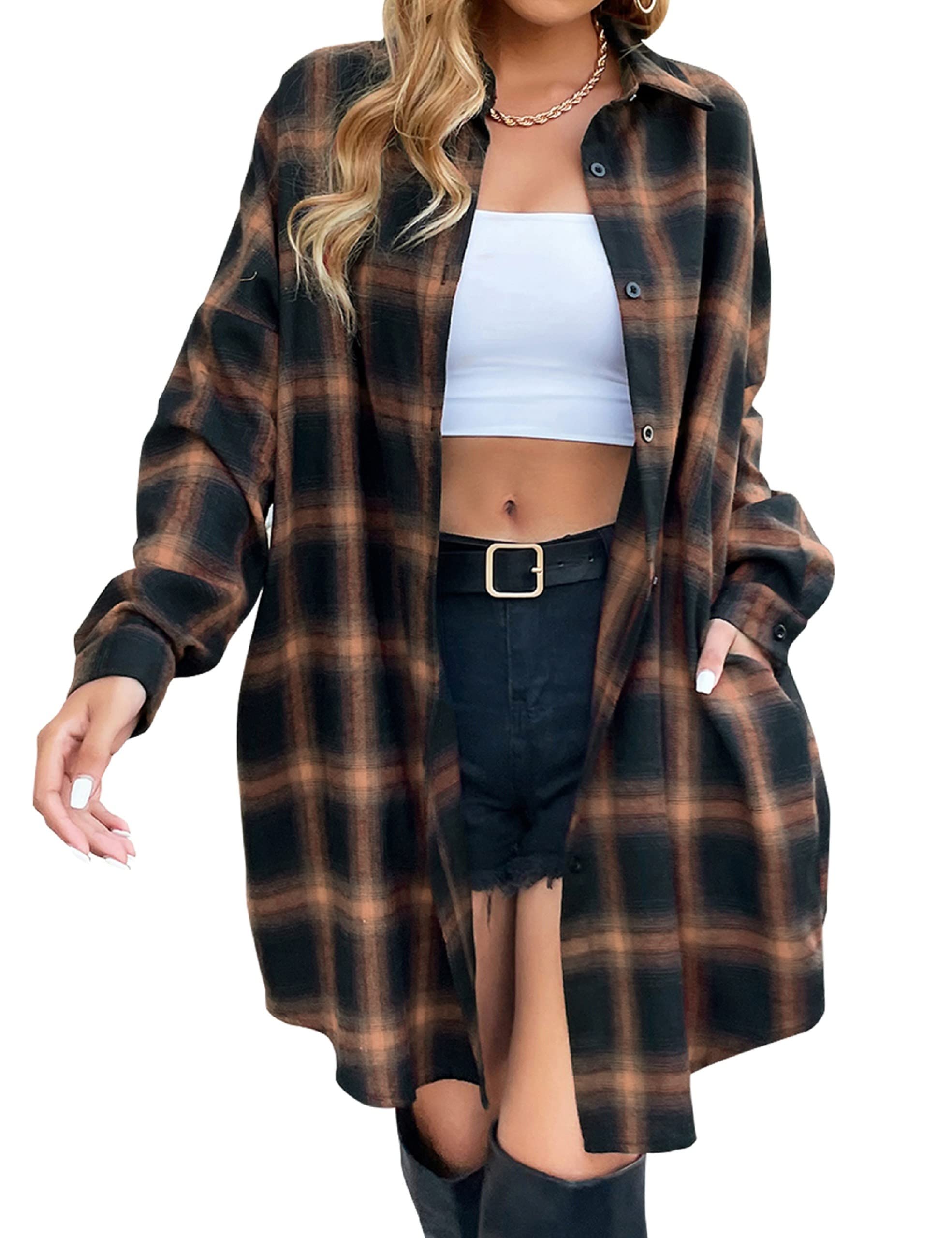 BMJL Womens Button Down Flannel Shirts Oversized Buffalo Plaid Shacket Long Sleeve Shirt Dress Long Jacket Coat Fall Tops fashion 2023(Brown, M)