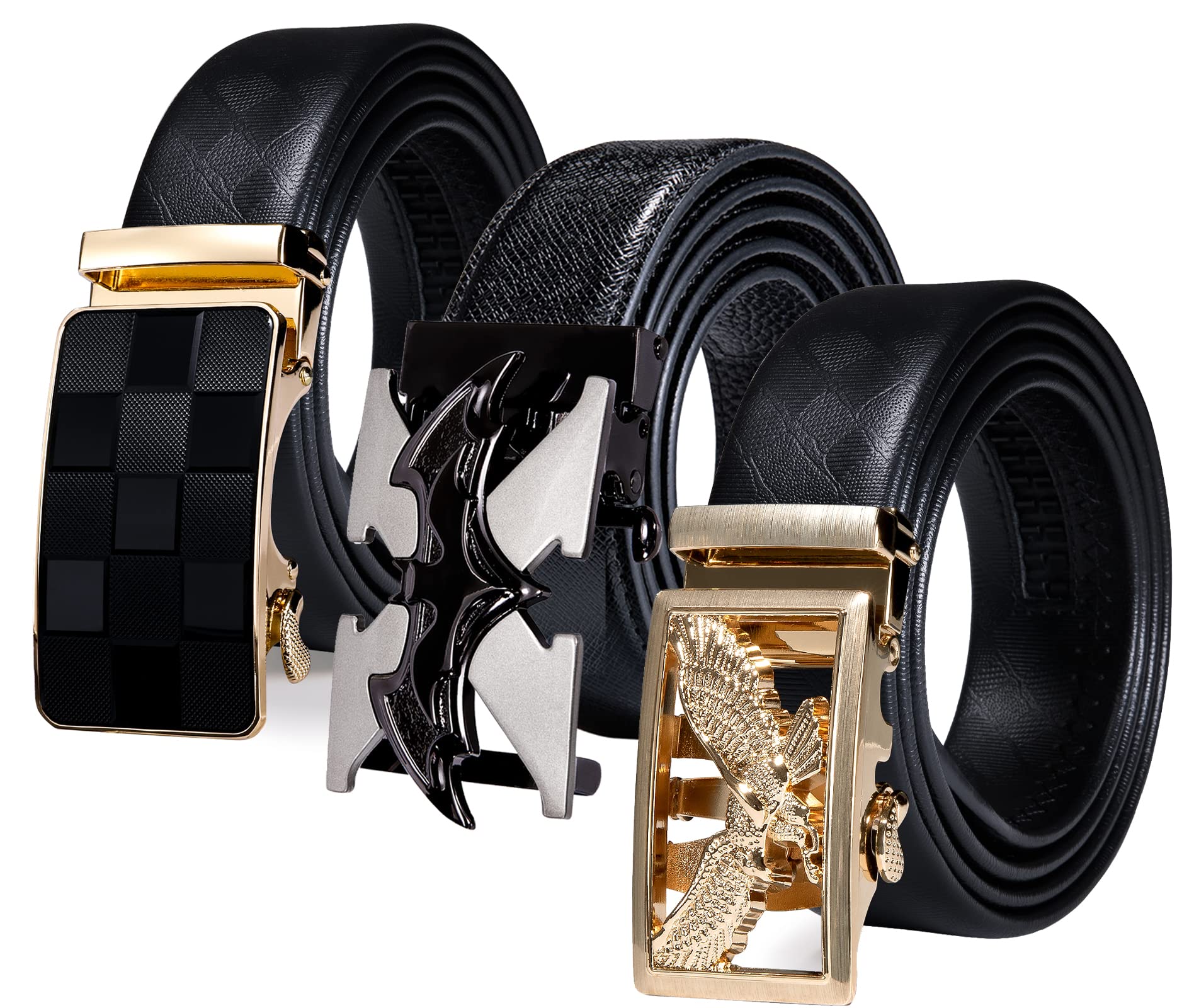 Belt Set Black Gold Eagle Plaid Automatic Sliding Buckle Adjustable Ratchet Strap Business Casual Jeans Belt Halloween Christmas Gift with Exquisite Box