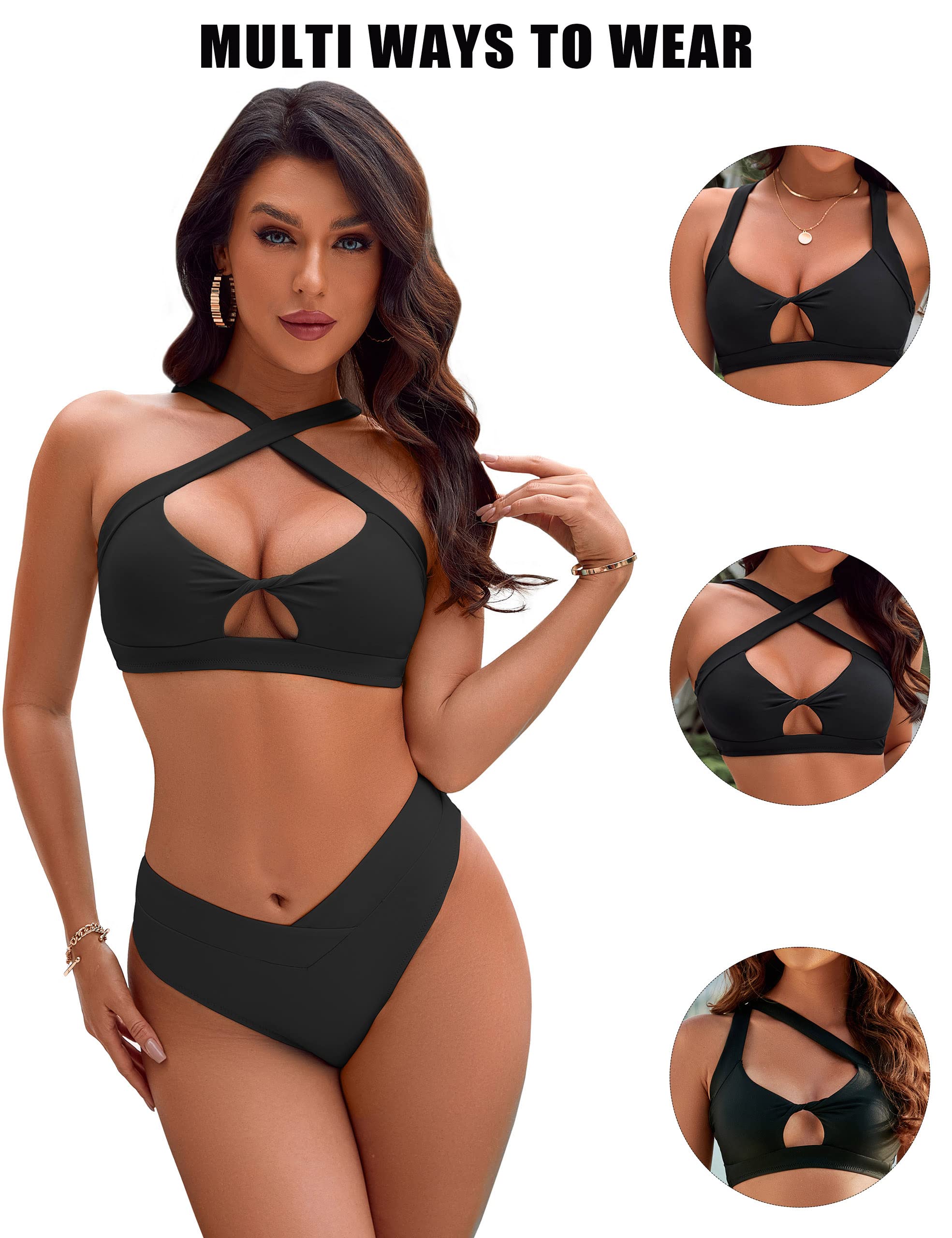 BMJL Womens High Waisted Bikinis Sets Two Piece Swimsuits Sexy Cross Criss Cutout Bathing Suits(M,Black