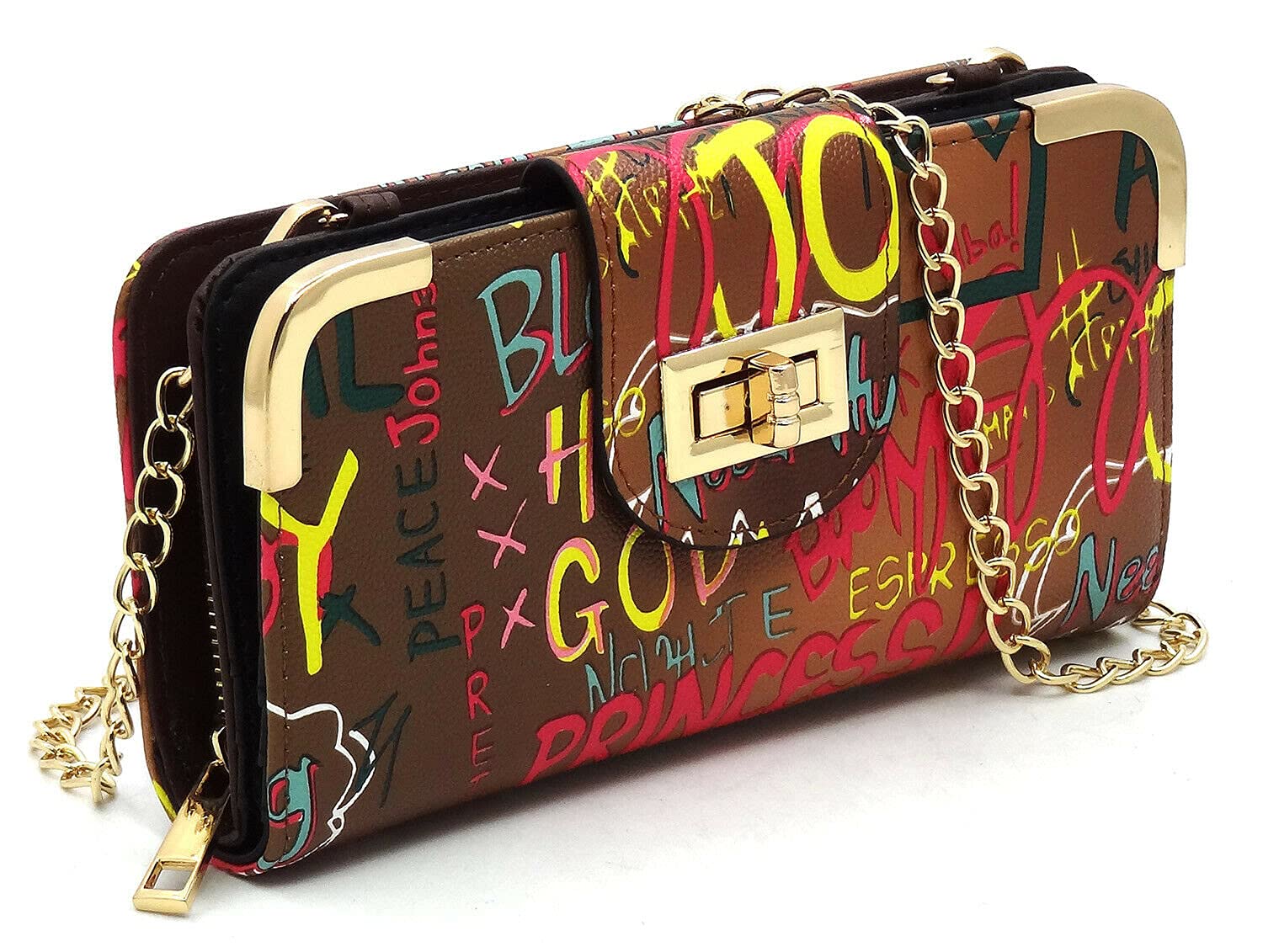 Multicolor Graffiti Printed Cell Phone Purse Wallet Smartphone Crossbody Wallet Travel Multifunction Phone Case Wristlet Clutch Wallet (#B-Tan/Yellow)