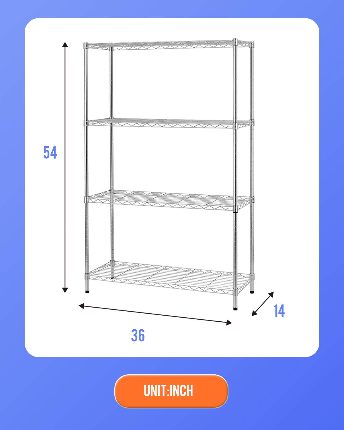 FDW 14" D×36" W×54" H Commercial Wire Shelving Unit Metal Shelf with 4 Tier Adjustable Layer Rack Strong Steel for Restaurant Garage Pantry Kitchen Garage,Chrome