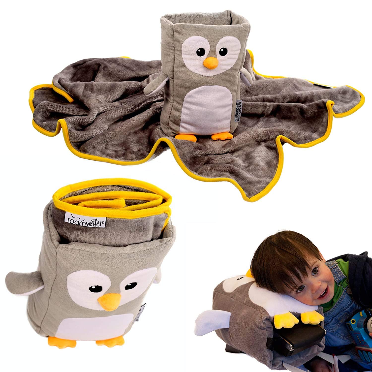 Roamwild Kids Travel Pillow and Travel Blanket Set - 'Tux' Armrest Buddy Transforms Any Armrest Into a Comfy Childs Pillow