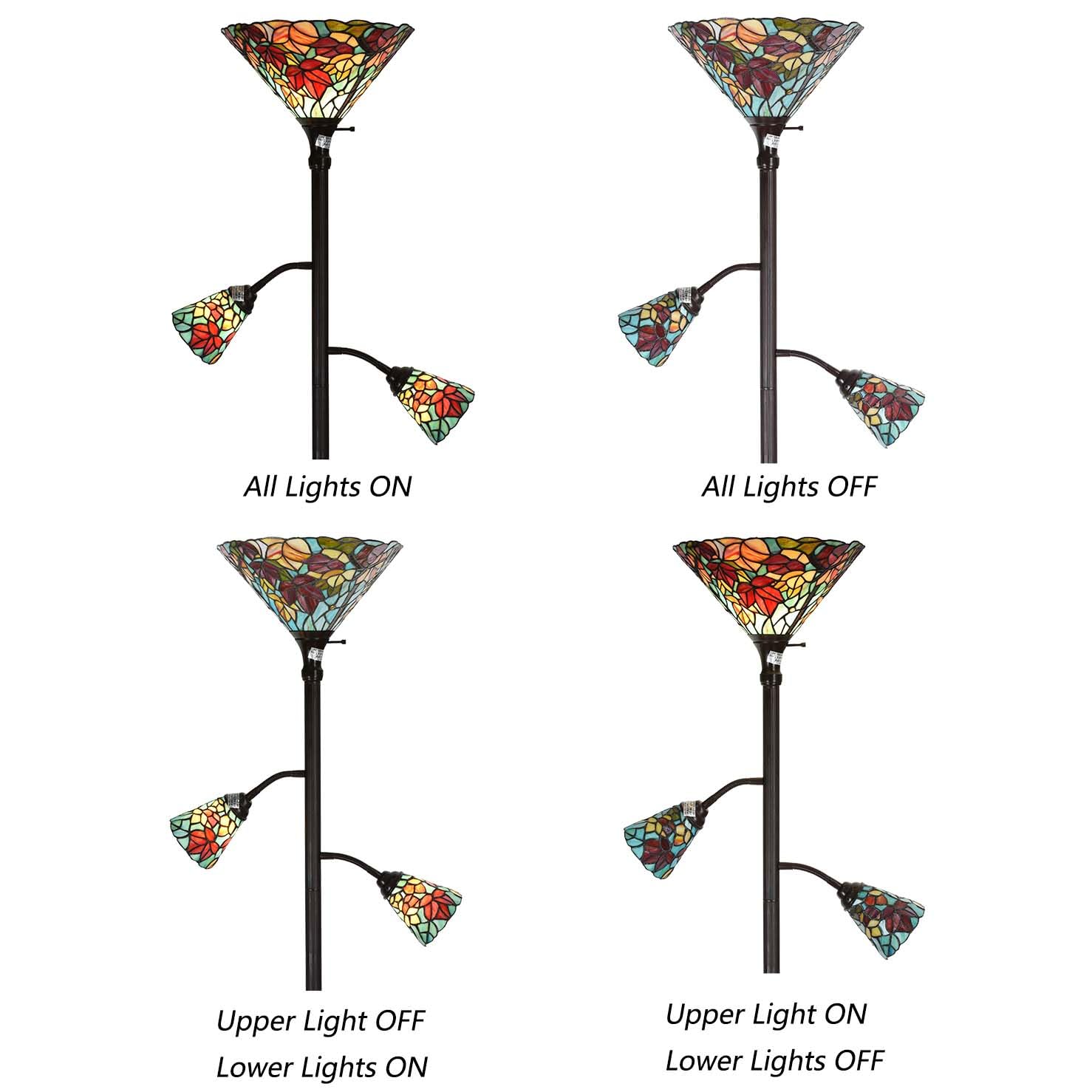 Bieye L10884 Maple Tree Leaves Tiffany Style Stained Glass Torchiere Floor Lamp with Sidelights for Reading Home Decor, 70-inches Tall (Maple Leaf, Red)