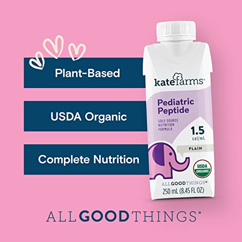 KATE FARMS Organic Vegan Plant Based Pediatric Peptide 1.5 Formula, Unflavored Plain, Sole-Source Nutrition, Organic Enzymatically Hydrolyzed Plant-Based Protein Drink, Meal Replacement for Oral or Tube Feeding, 8.45oz. (Pack of 12)