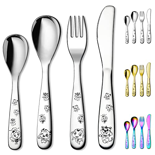 Berglander Toddler Utensils 4 Pieces Stainless Steel Kids Silverware Set, Children Safe Forks and Spoons Flatware, Mirror Polished Smooth Round Edage Cutlery Sets, Dishwasher Safe