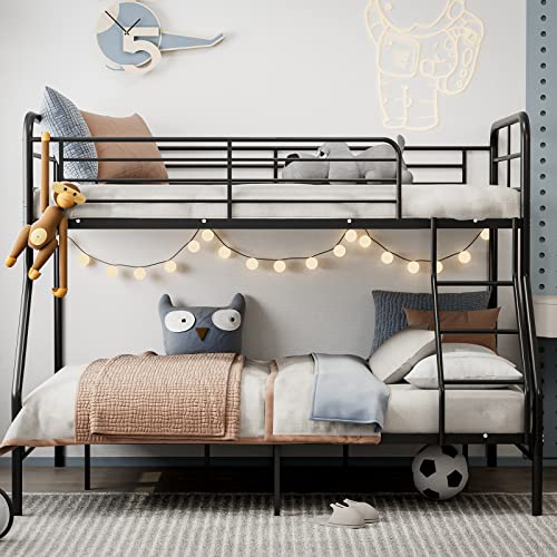 IKIFLY Metal Twin Over Full Bunk Bed, Heavy Duty Bunk Bed Frame with Safety Guard Rail & Ladder, Space-Saving Design/Noise Free/for Kids, Teens & Adults/No Box Spring Needed - Black