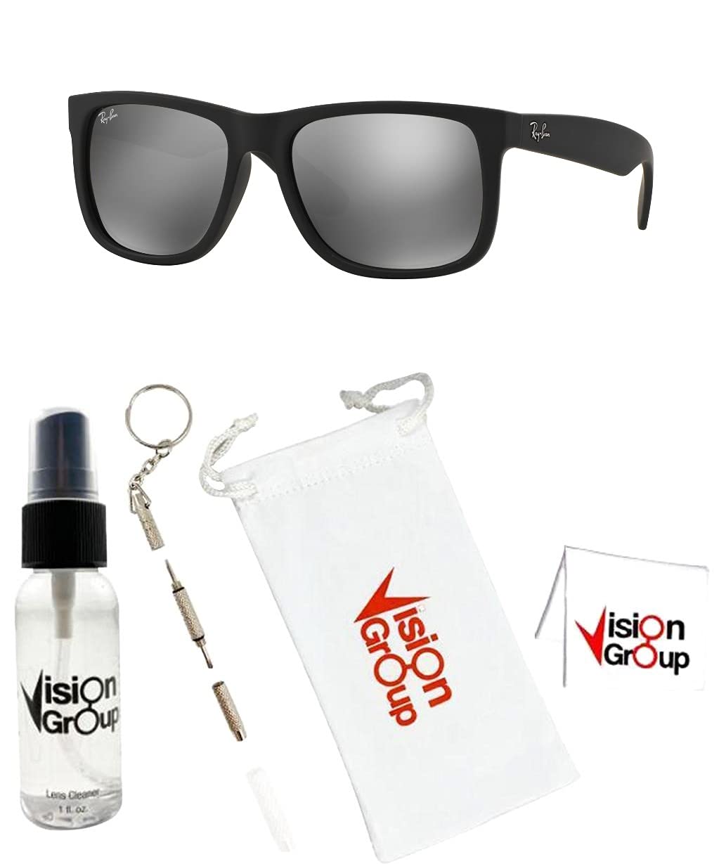 Ray-Ban RB4165 Justin Sunglasses + Vision Group Accessories Bundle for unisex-adult (Rubber Black/Grey Mirror Silver (622/6G),55)