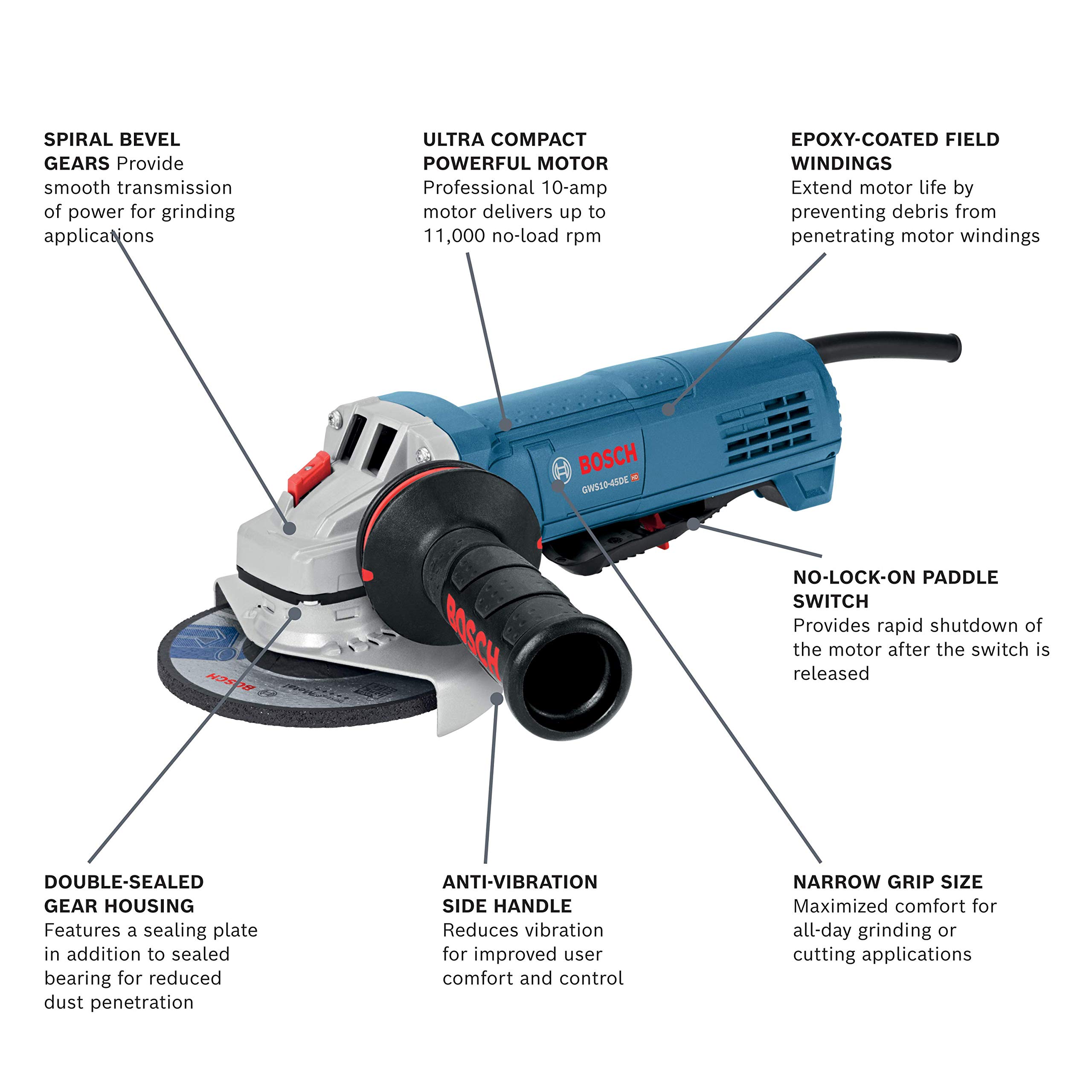 BOSCH GWS10-45DE 4-1/2 In. Ergonomic Angle Grinder with No Lock-On Paddle Switch