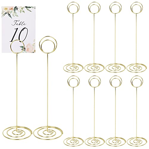KIMOBER 10PCS 8.75" Tall Table Number Holders, Round Place Card Holder,Tabletop Memo Note Stand Picture Photo Picks Card Clips for Wedding Birthday Party(Gold)