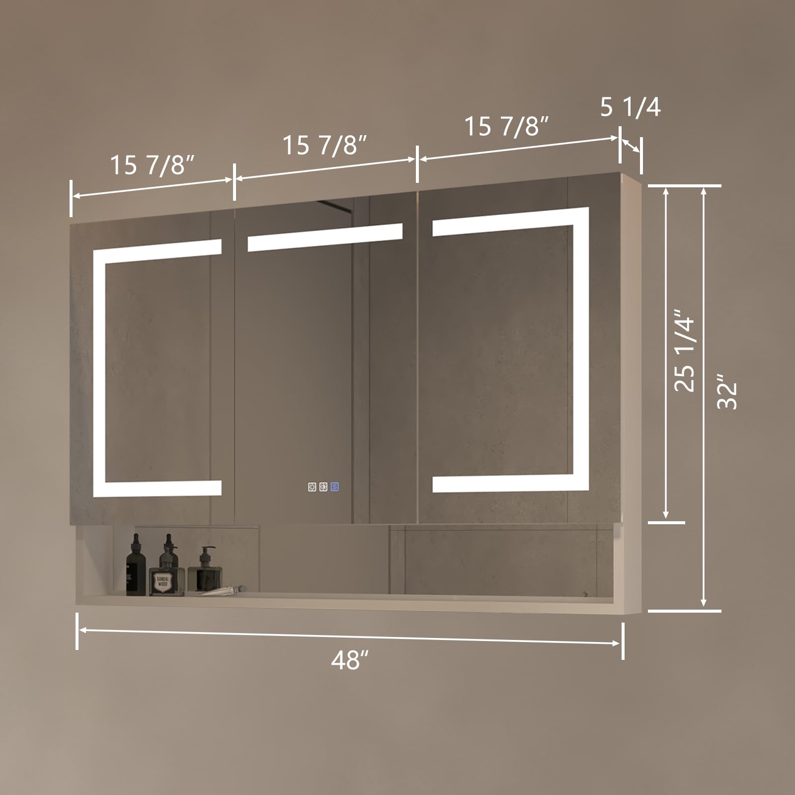 cieloshinerico 48x32 Bathroom LED Mirror Medicine Cabinet, Recessed or Surface Wall Mounted Bathroom Cabinet with Storage Shelves, Smart Touch Dual Outlets and USB, 3 Door, Silver