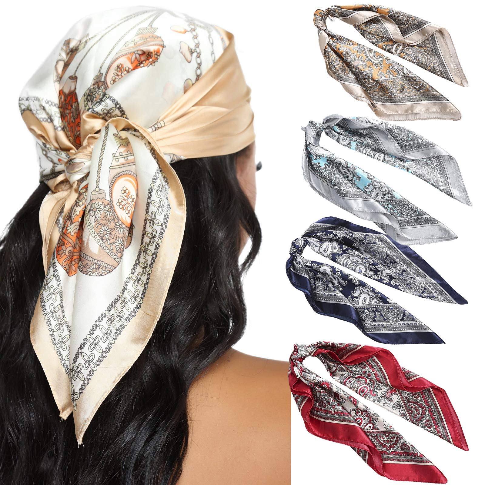 AWAYTR 23 Inches Satin Head Scarves for Women 4PCS Square Silk Like Hair Scarves Silk Hair Bandanas (Cashews (dark blue/red/light blue/khaki)