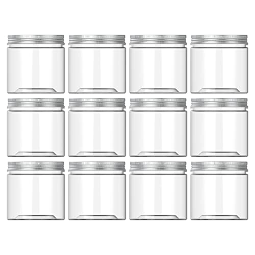 HoleviFO 14oz (420ml 12 Pack) Empty Clear Wide Mouth Plastic Jars with Silver Screw Lids and Labels - Round PET Containers for Food Storage and Dry Goods,Craft and More - BPA Free
