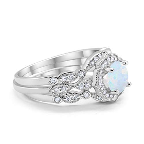 Blue Apple Co. Hao Three Piece Wedding Engagement Bridal Set Art Deco Ring Band Solid Lab White Opal 925 Sterling Silver, Size-6