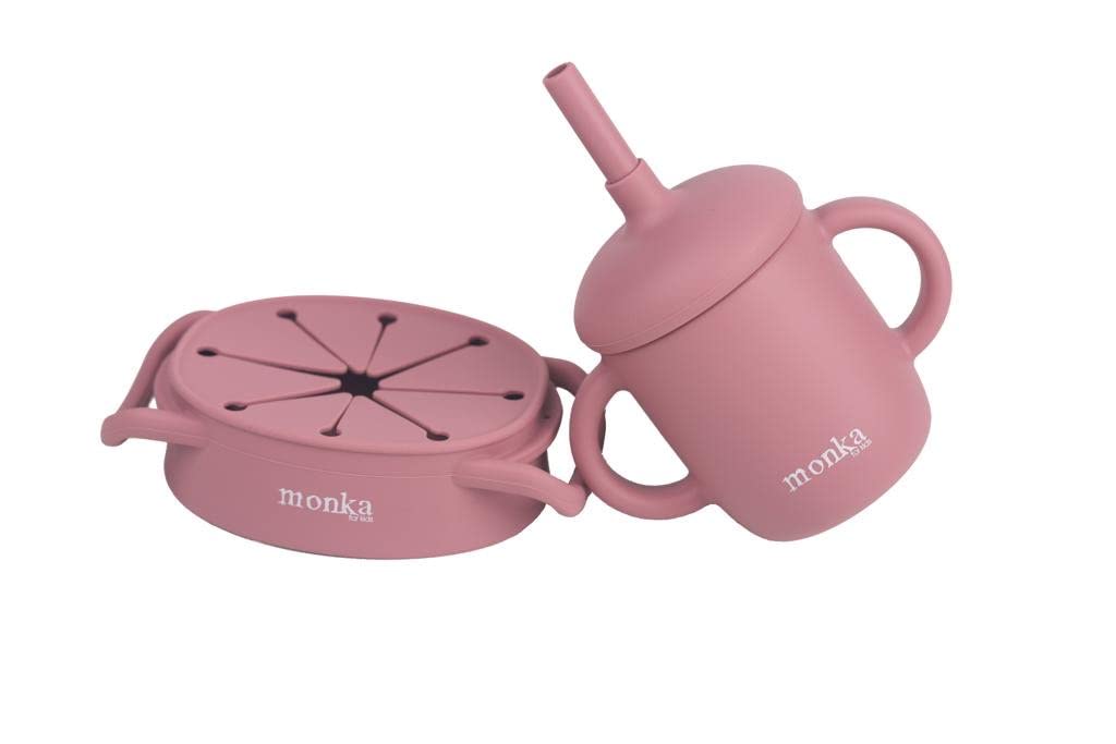 BPA Free Silicone Cups Set of Two - Food Catcher - Sippy Cup - Non Toxic Material - Silicone Straw - Foldable Snack Cup -for Babies and Toddlers - by MONKA (pink)
