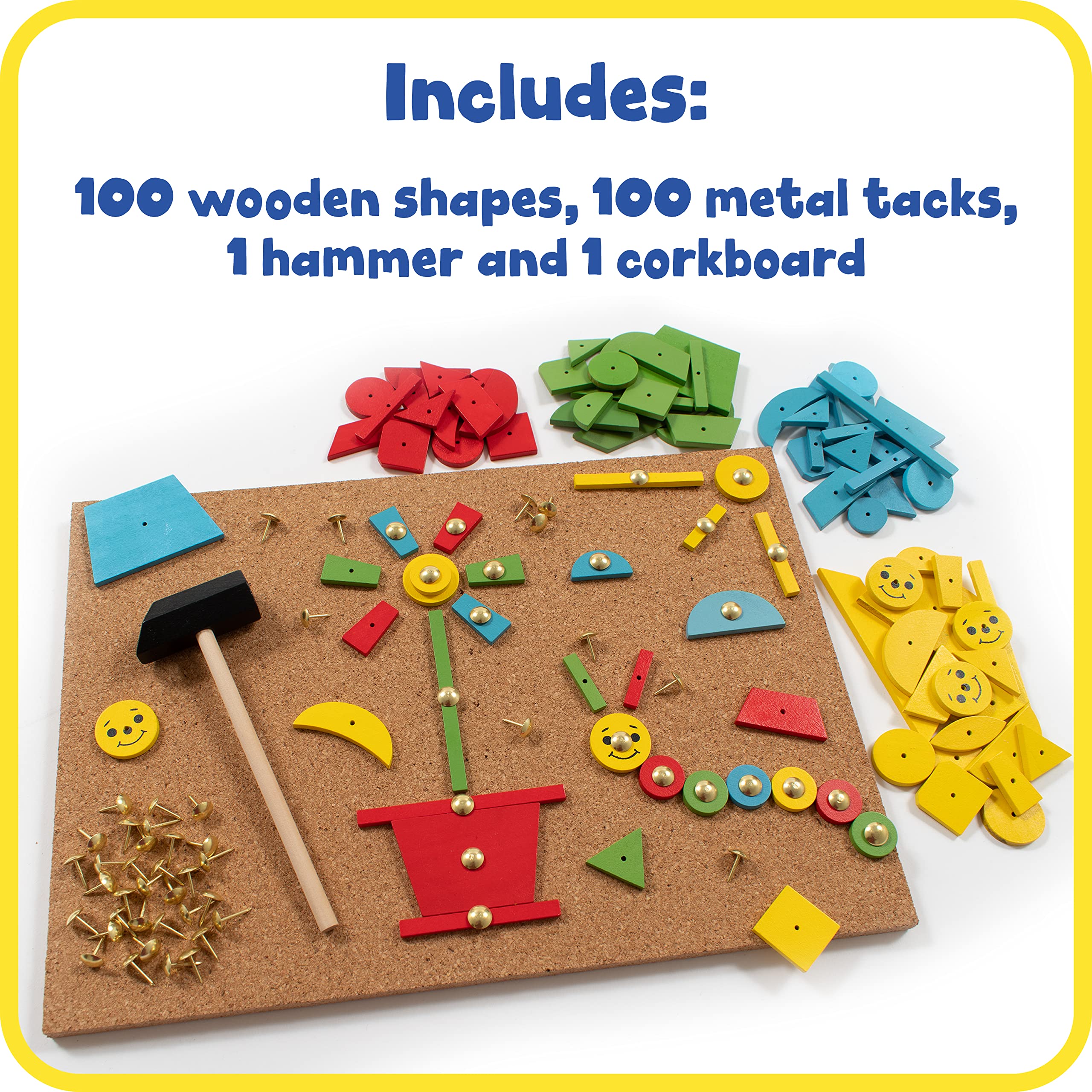 READY 2 LEARN Tack A Tile - Wooden Hammer Toy for Kids Aged 4 and up - 100 Shapes - Big Corkboard - Kid-Friendly Tacks - Foster Imagination, Fine Motor Skills and Reasoning