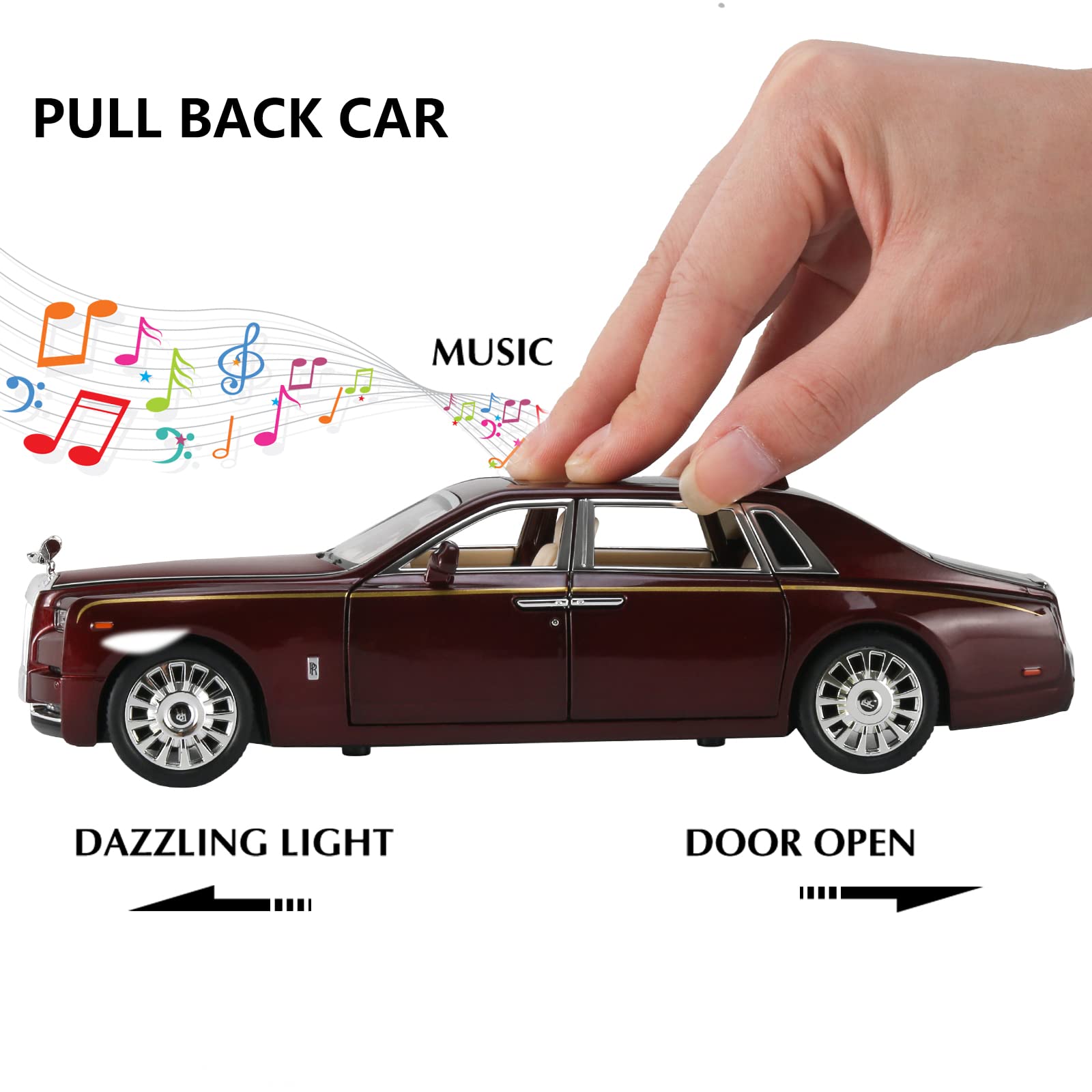 MYJJTYS Toy Car Rolls-Royce Phantom 1/24 Metal Die Casting Model Car for 3 4 5 6 7 Year Old boy Toy with Sound and Light,Classic Car Door Design, Car Logo Can be Folded(red)