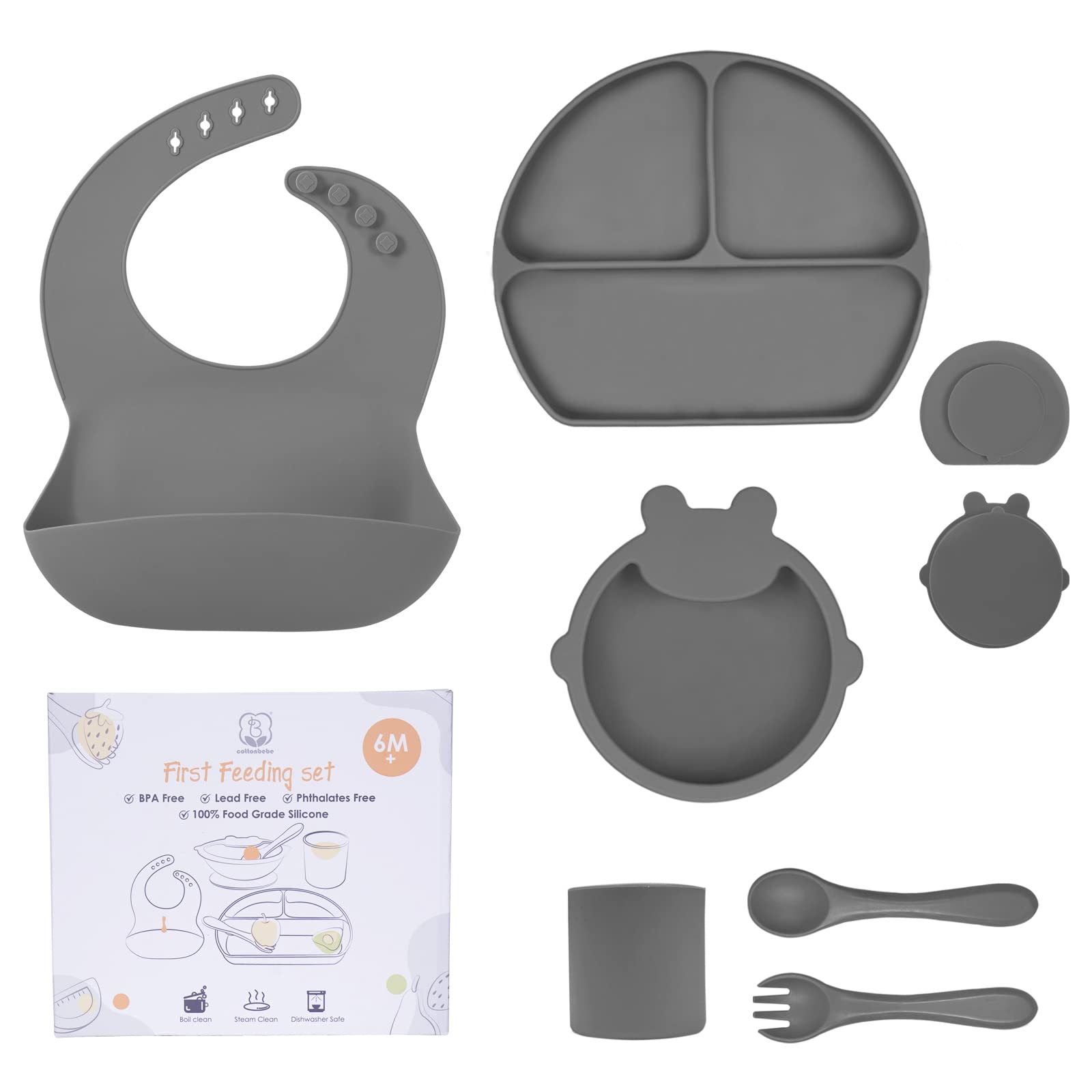 COTTONBEBE Baby Silicone Feeding Set, Toddler Plates and Bowls Sets, Self Feeding Spoon Fork Bib Cup, Divided Baby Led Weaning Supplies, First Stage Solid Food Infant Utensils, Grey