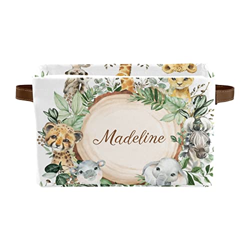 Safari Wild Jungle Animals Personalized Storage Basket ,Custom Storage Bins Cubes Organizer with Handle for Bedroom Wardrobe,Nursery,Basket 1 Pack