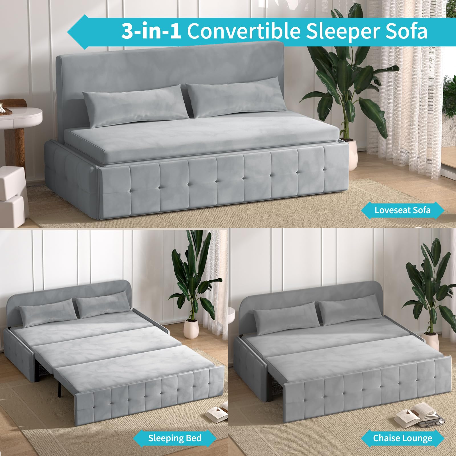 CECER Queen Size Pull Out Sofa Bed, Guest Couch Bed with 2 Pillows, Velvet Convertible Sleeper Sofa with Foldable Mattress, 3 in 1 Armless Loveseat Bed for Living Room,Small Space(Light Grey)