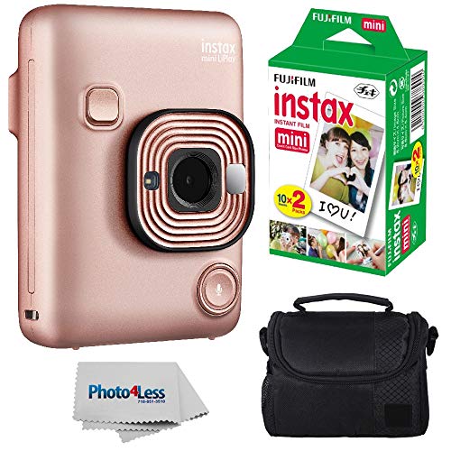 Fujifilm Instax Mini LiPlay Hybrid Instant Camera (Blush Gold) + Fujifilm Instax Instant Film (20 Shots) + Compact Camera Case – Instant Camera Bundle