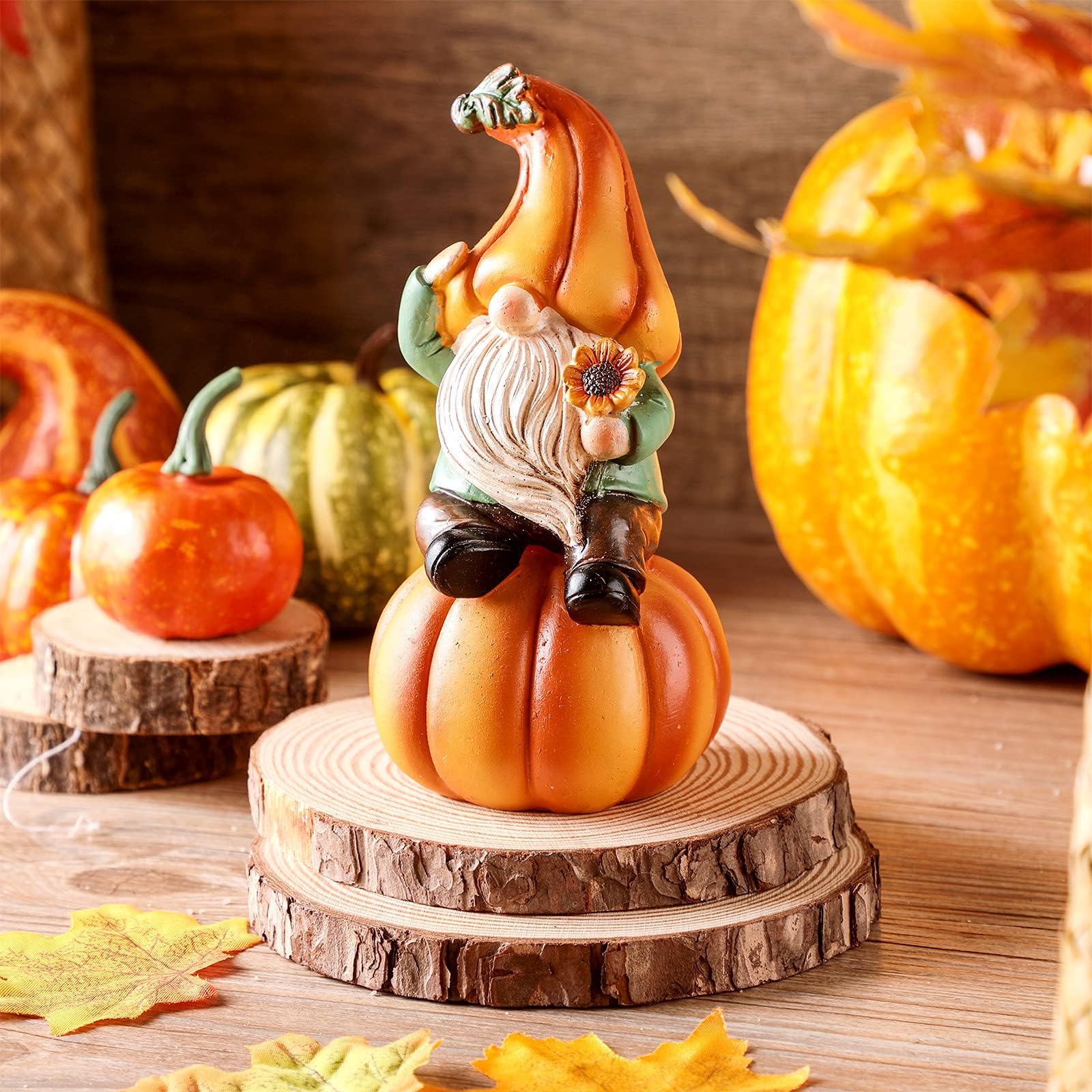 Jetec Fall Gnomes Statue Decor, Thanksgiving Gnome Pumpkin Gnome White Beard Gnome Statue Fall Pumpkin Fairy Statue Resin Pumpkin Decor Garden Yard Lawn Ornament Gift, 6.7 Inch Tall