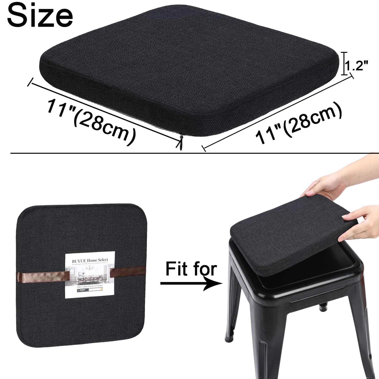 BUYUE Natural Linen Magnetic Bar Stool Cushions Set of 4, Enhanced Anti-Slip Breathable Small Chair Seat Pads for Café Bistro Stackable Metal Stools (Square, Black, 4 Counts)