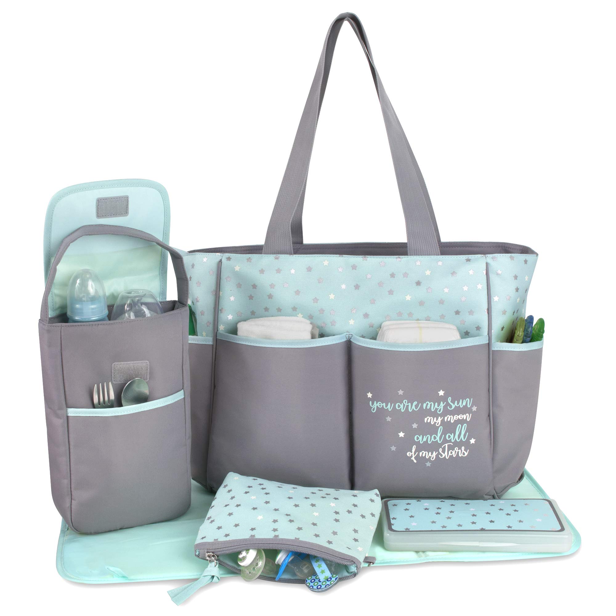 Baby Essentials Diaper Bag Tote 5 Piece Set with Sun, Moon, and Stars, Wipes Pocket, Dirty Diaper Pouch, Changing Pad (Grey/Pink)