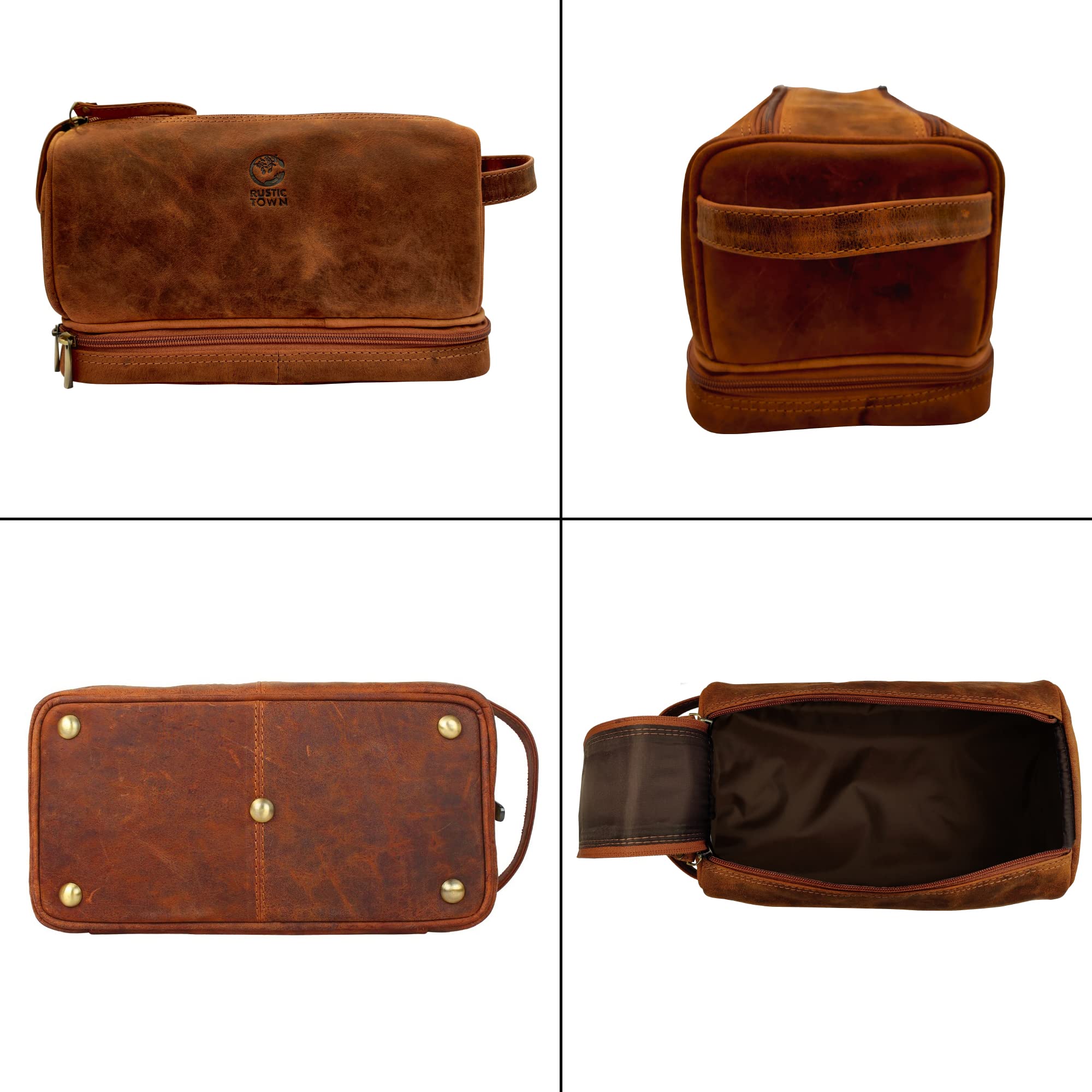 RUSTIC TOWN Genuine Leather Travel Toiletry Bag - Dopp Kit Organizer (Brown)