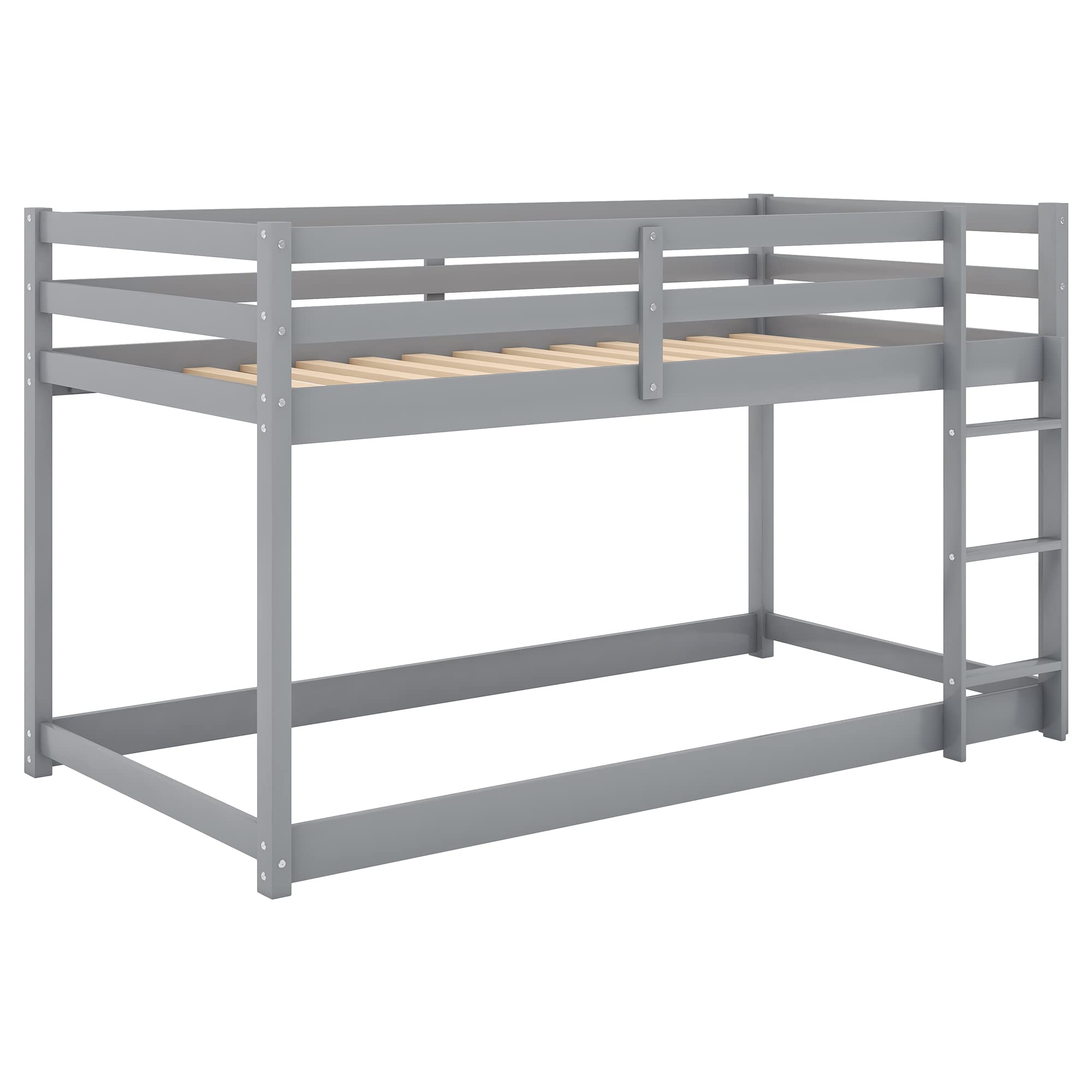 Harper & Bright Designs Low Bunk Bed Twin Over Twin, Wood Twin Kids Bunk Bed with Ladder, Floor Bunk Bed Frame for Boys, Girls, No Box Spring Needed, Easy Assembly, Grey