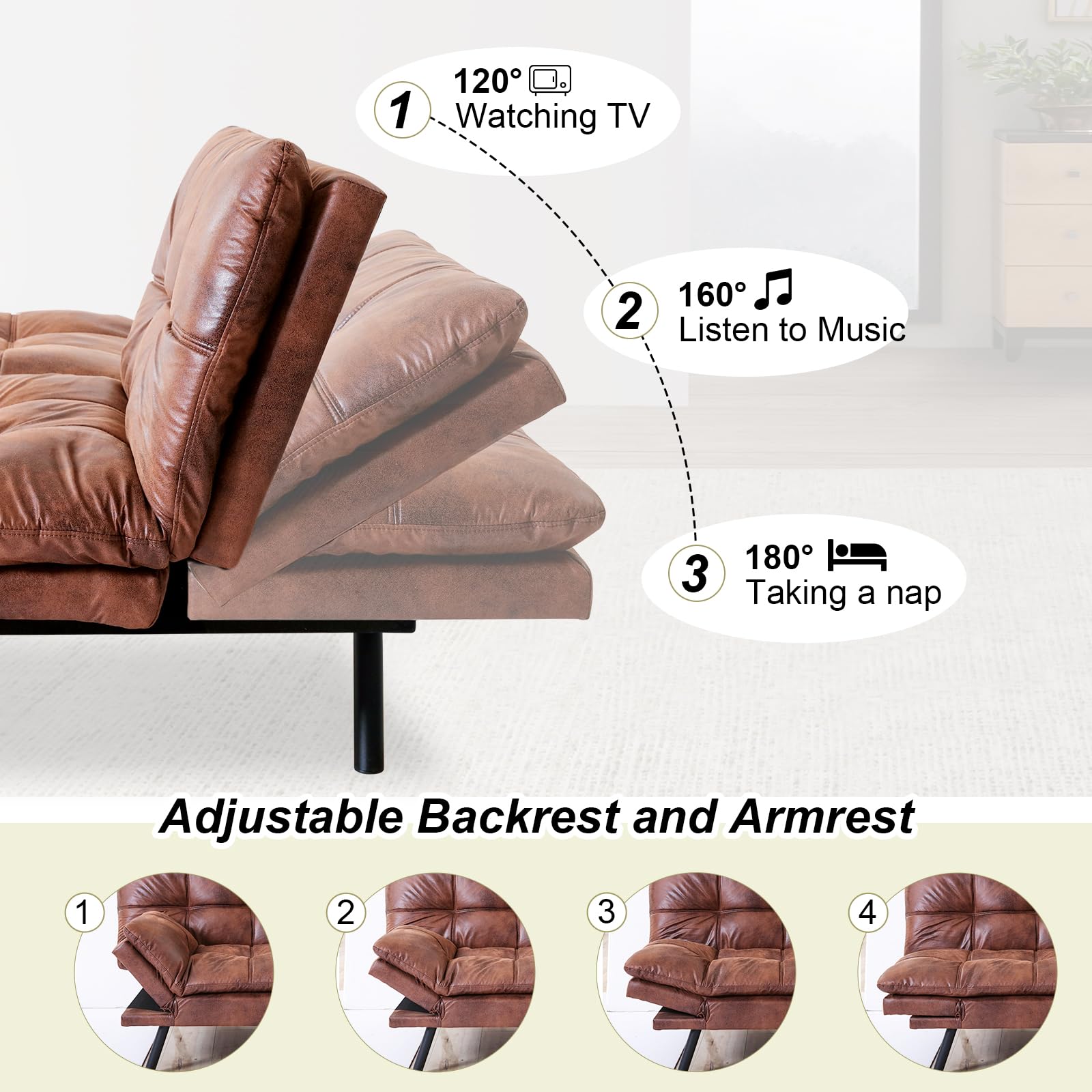 Maxspeed Sofa Bed, Convertible Memory Foam Sofa, Modern Loveseat Sleeper with Adjustable Armrests and Backrest, Faux Leather Futon for Living Room, Office, Small Space, Brown