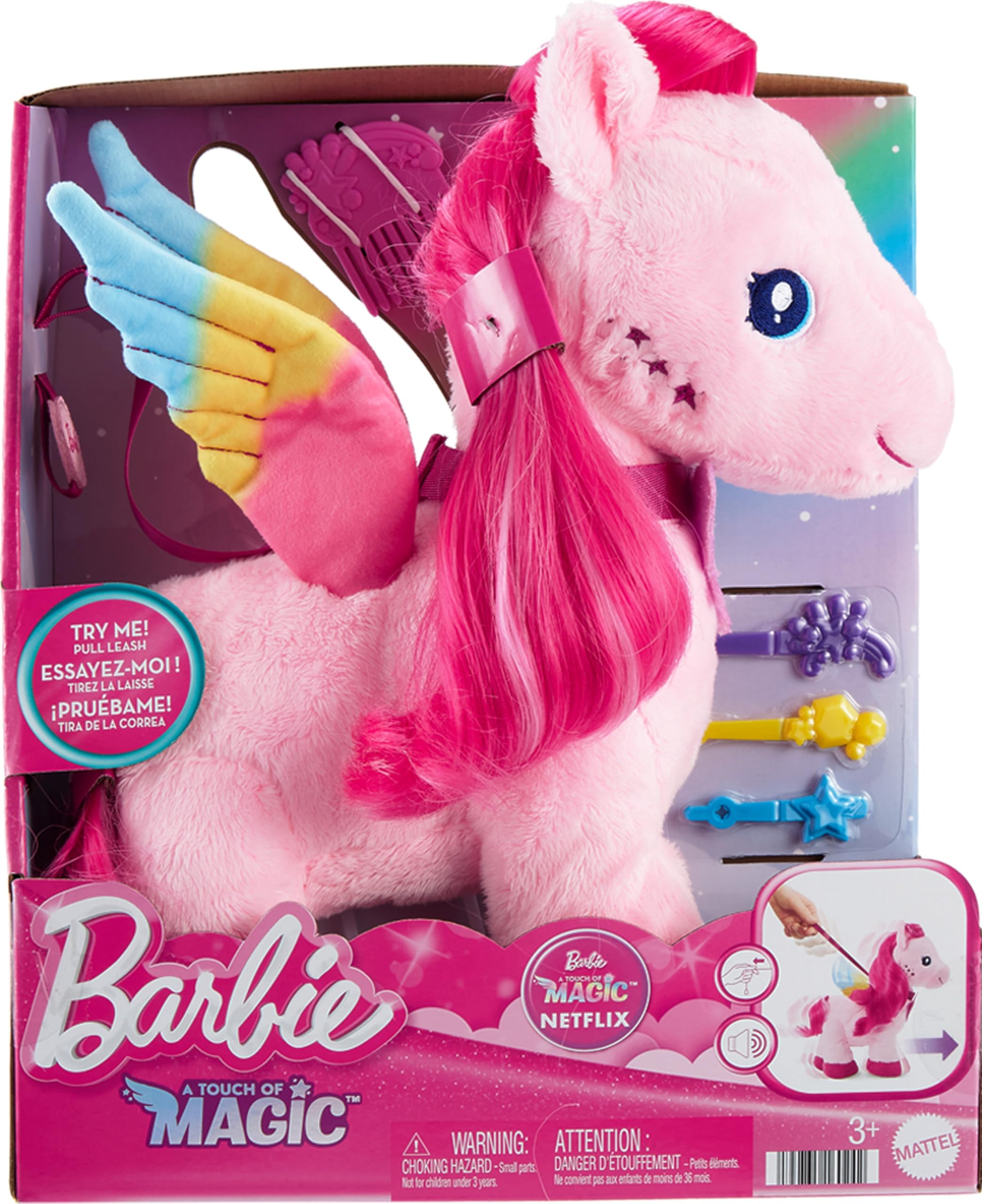 Barbie A Touch of Magic Stuffed Animals, Walk & Flutter Pegasus Plush, 11-Inch Walking Plushie with Hair Accessories and Sound Feature