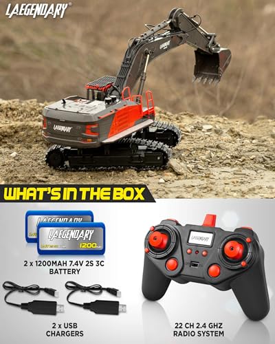 LAEGENDARY RC Excavator - Remote Control Excavator - Electric, Hobby-Grade Construction Vehicles - 1:14 Scale, Black - Red